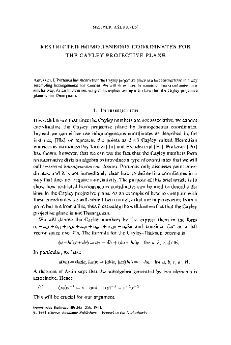 (PDF) Restricted homogeneous coordinates for the Cayley projective plane