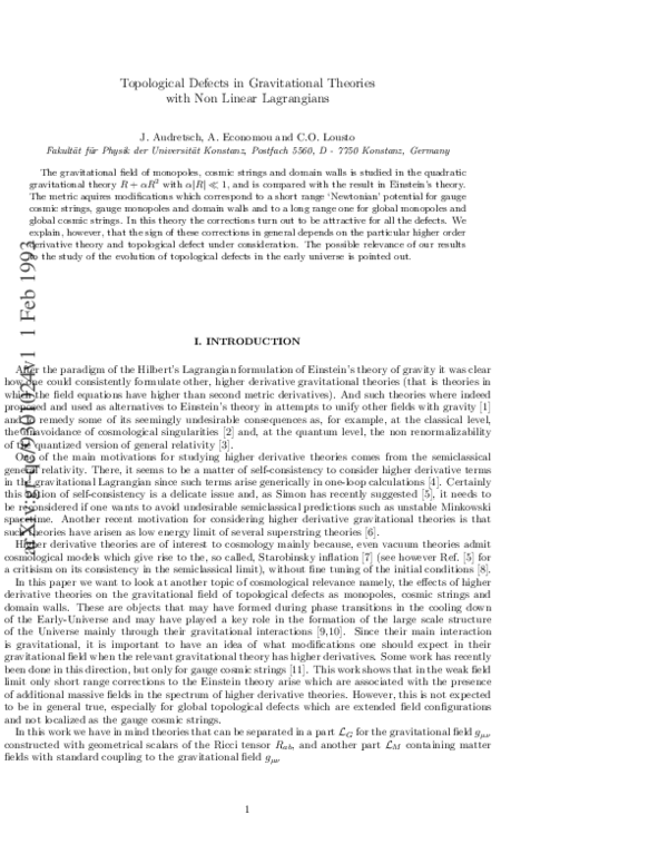 (PDF) Topological Defects in Gravitational Theories with Non Linear Lagrangians