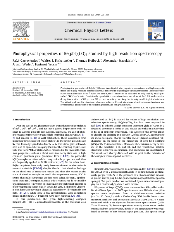 (PDF) Photophysical properties of Re(pbt)(CO) 4 studied by high ...