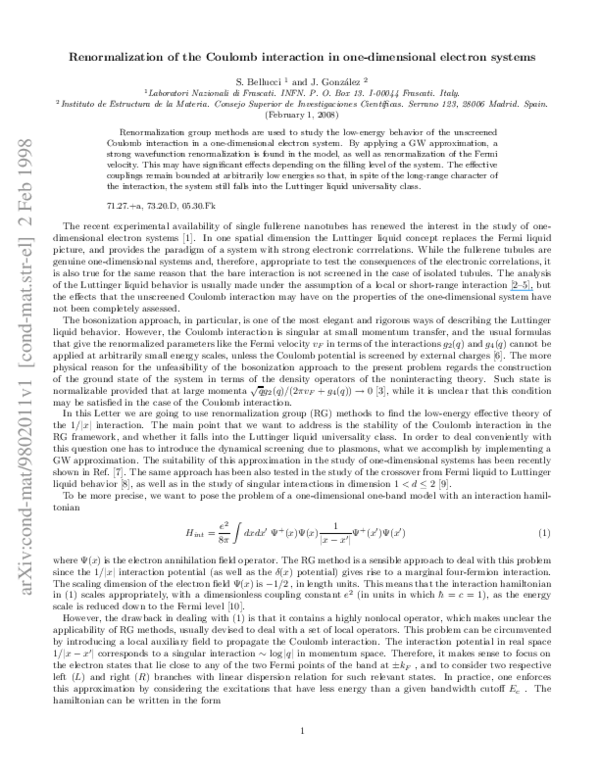 (PDF) Renormalization of the Coulomb interaction in one-dimensional electron systems