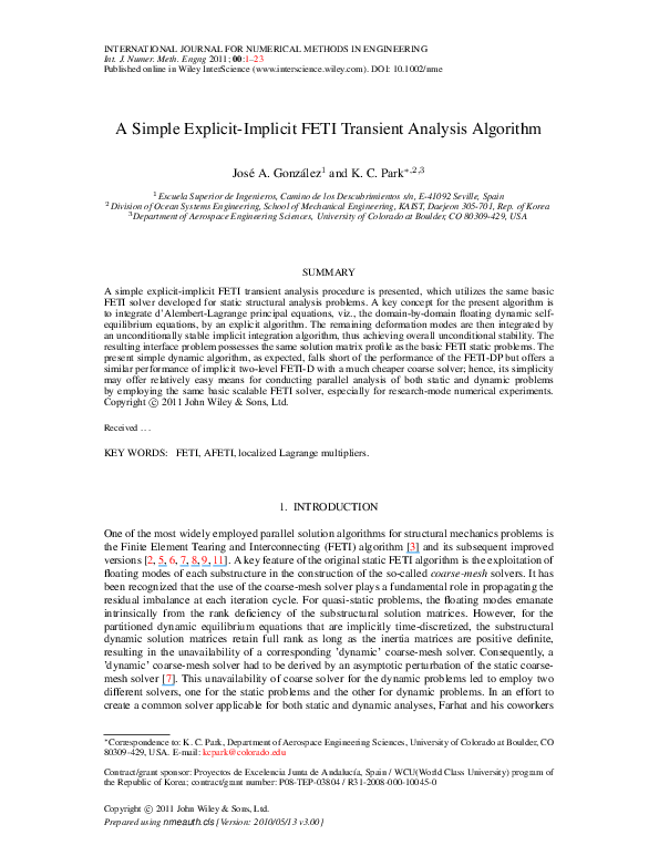 Pdf A Simple Explicit Implicit Finite Element Tearing And Interconnecting Transient Analysis