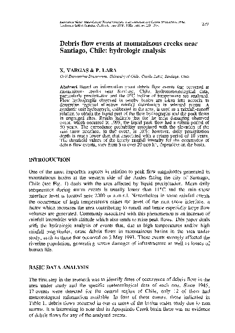 (PDF) Debris flow events at mountainous creeks near Santiago, Chile: hydrologie analysis