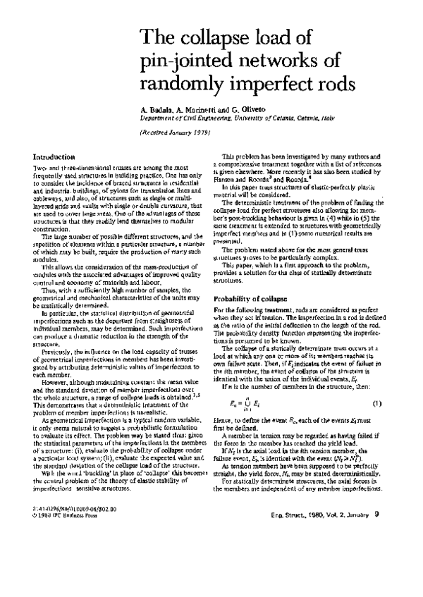 (PDF) The collapse load of pin-jointed networks of randomly imperfect rods