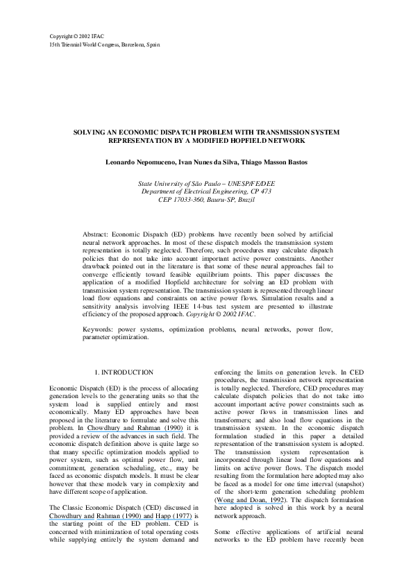 Pdf Solving An Economic Dispatch Problem With Transmission System Representation By A Modified