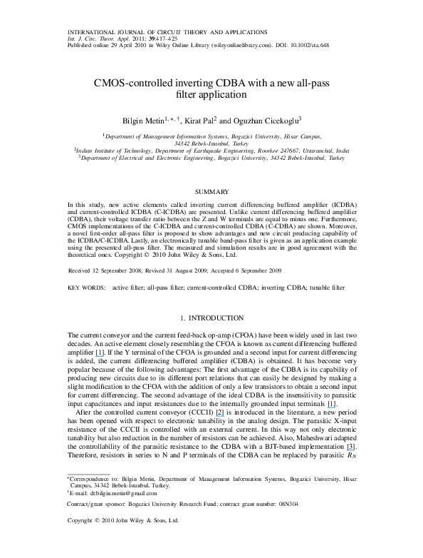 (PDF) Voltage mode all-pass filter with a single current differencing buffered amplifier