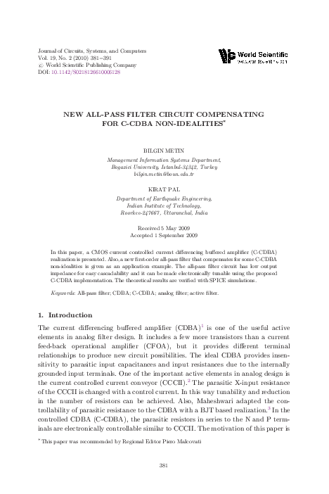 Pdf New All Pass Filter Circuit Compensating For C Cdba Non Idealities