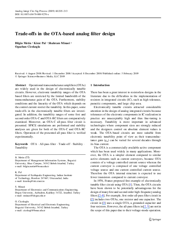 (PDF) Trade-offs in the OTA-based analog filter design