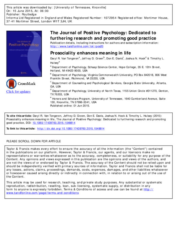 (PDF) Prosociality enhances meaning in life