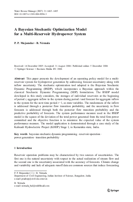 Pdf A Bayesian Stochastic Optimization Model For A Multi Reservoir