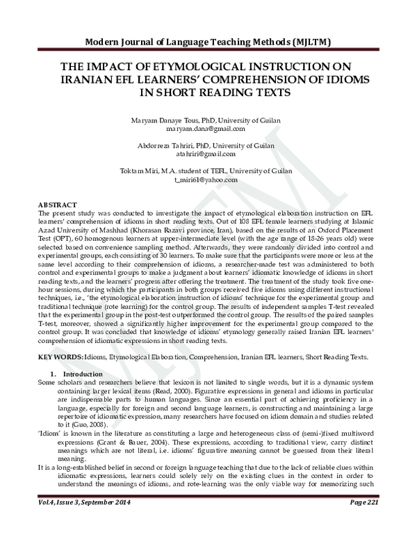 (PDF) THE IMPACT OF ETYMOLOGICAL INSTRUCTION ON IRANIAN EFL LEARNERS ...