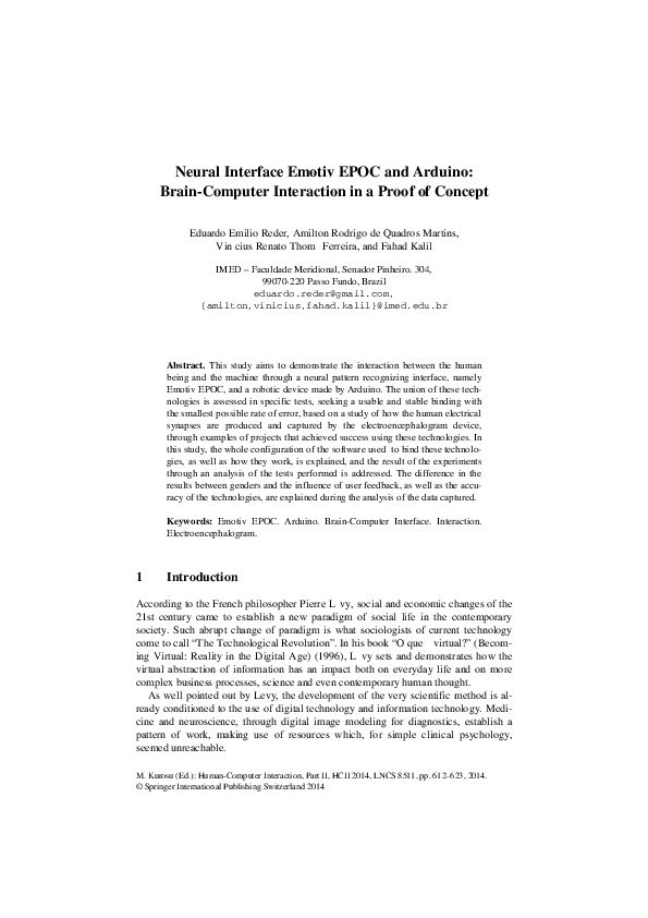 Neural Interface Emotiv EPOC and Arduino: Brain-Computer Interaction in a Proof of Concept