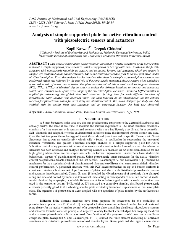 Pdf Analysis Of Simple Supported Plate For Active Vibration Control With Piezoelectric Sensors