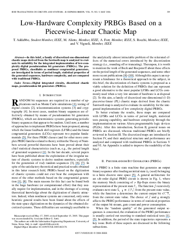 Pdf Low Hardware Complexity Prbgs Based On A Piecewise Linear Chaotic Map