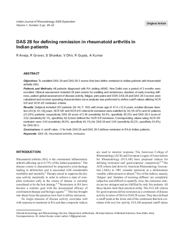(PDF) DAS 28 for defining remission in rheumatoid arthritis in Indian ...
