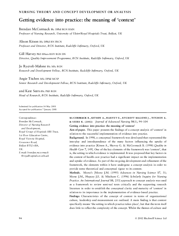 (PDF) Getting evidence into practice: the meaning of `context