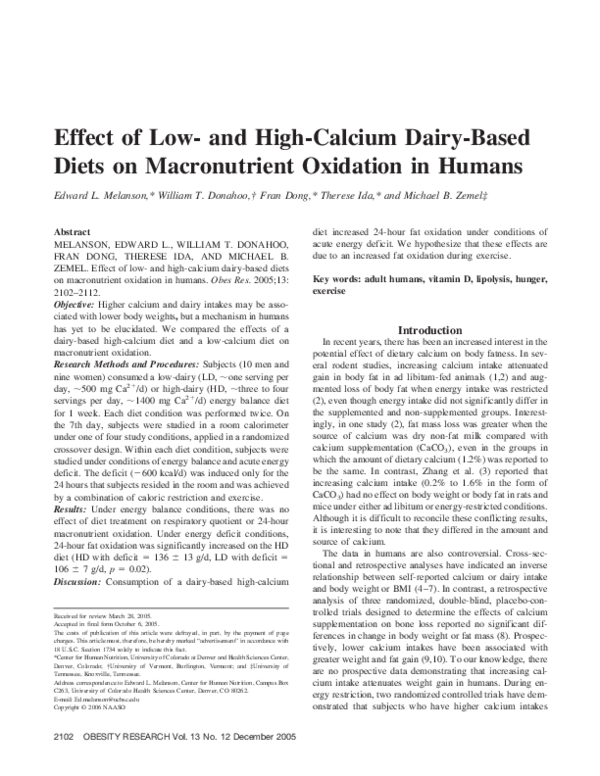 (PDF) Effect of Low- and High-Calcium Dairy-Based Diets on Macronutrient Oxidation in Humans**