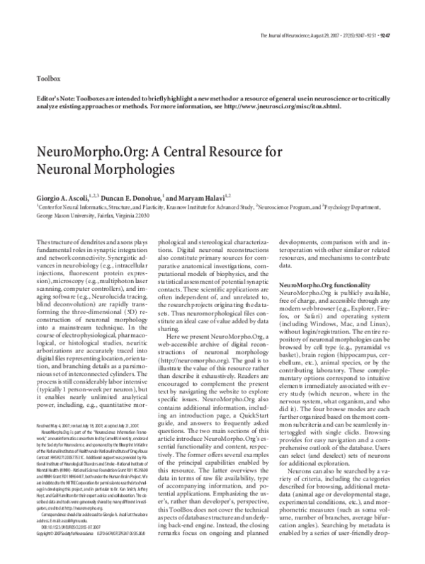 (PDF) NeuroMorpho.Org: A Central Resource for Neuronal Morphologies
