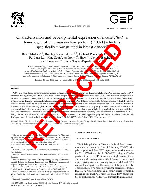 (PDF) RETRACTED: Characterisation and developmental expression of mouse ...