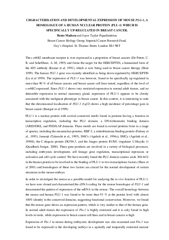 (PDF) Characterisation and developmental expression of mouse Plu1, a ...