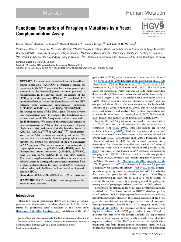 (PDF) Functional evaluation of paraplegin mutations by a yeast ...