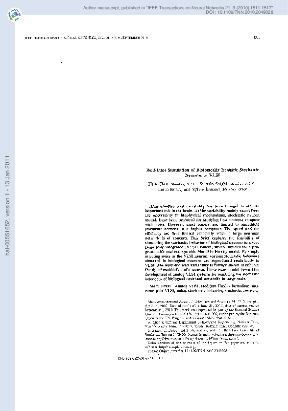 Pdf Real Time Simulation Of Biologically Realistic Stochastic Neurons In Vlsi