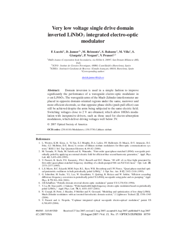 (PDF) Very low voltage single drive domain inverted LiNbO_3 integrated electro-optic modulator
