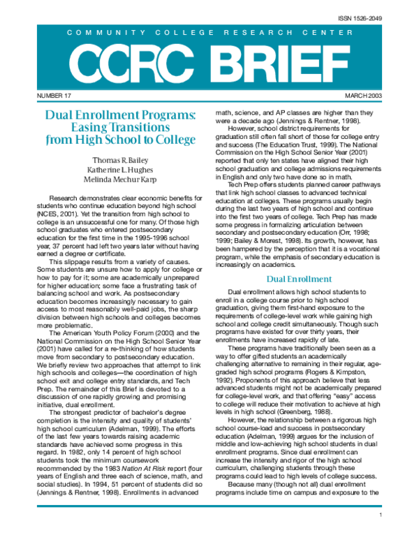 (PDF) Dual Enrollment Programs: Easing Transitions from High School to ...