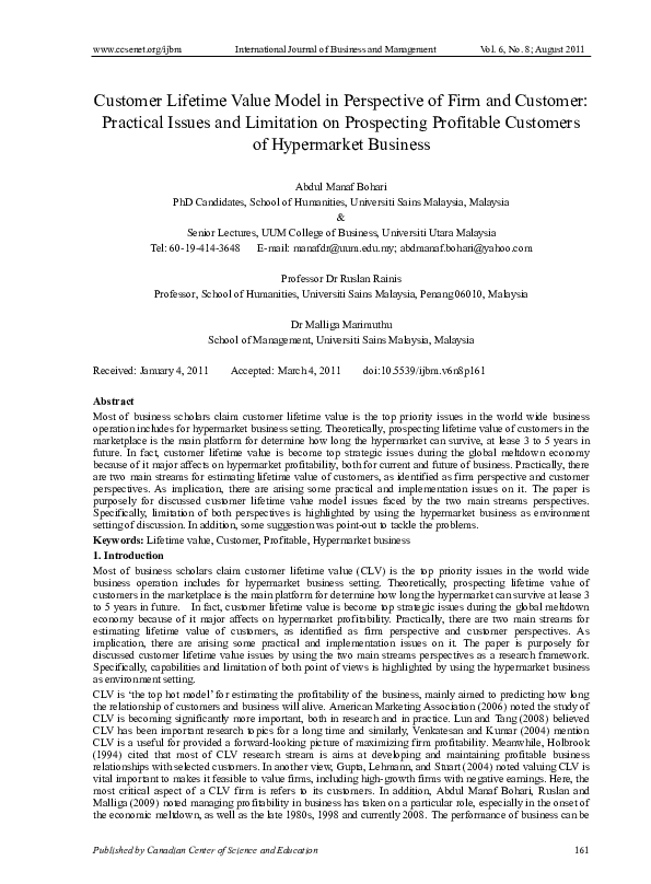 (PDF) Customer Lifetime Value Model in Perspective of Firm and Customer: Practical Issues and ...