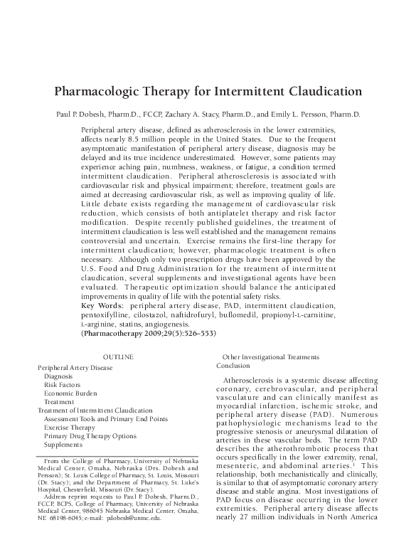 (PDF) Pharmacologic Therapy for Intermittent Claudication