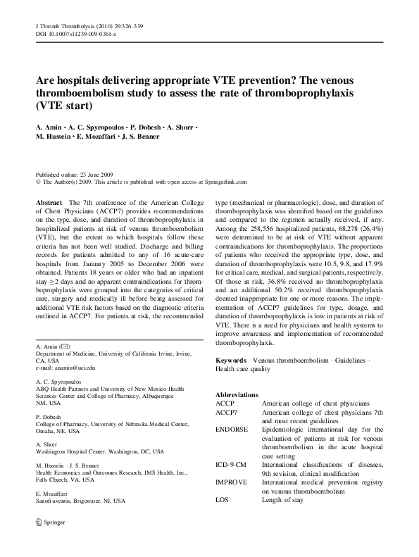 (PDF) Are hospitals delivering appropriate VTE prevention? The venous ...