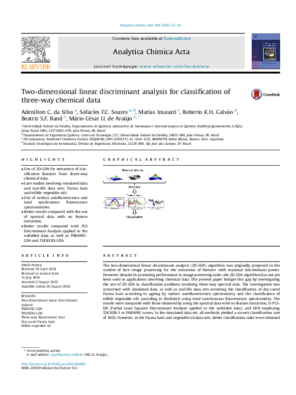 Pdf Two Dimensional Linear Discriminant Analysis For Classification Of Three Way Chemical Data