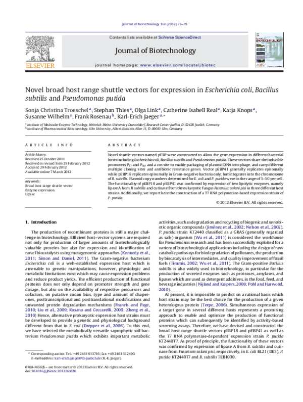 (PDF) Novel broad host range shuttle vectors for expression in Escherichia coli, Bacillus ...