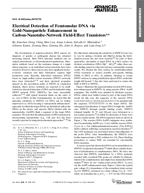 (PDF) Electrical Detection of Femtomolar DNA via Gold-Nanoparticle ...