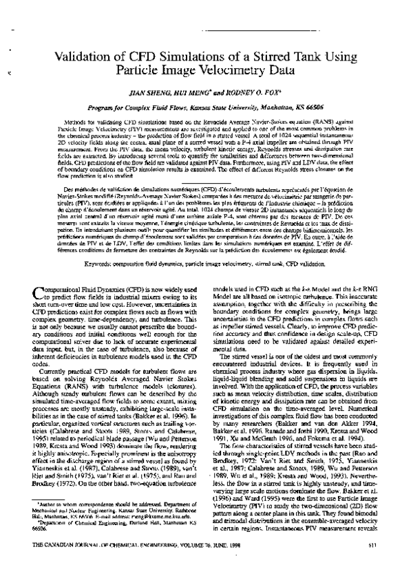 Pdf Validation Of Cfd Simulations Of A Stirred Tank Using Particle Image Velocimetry Data