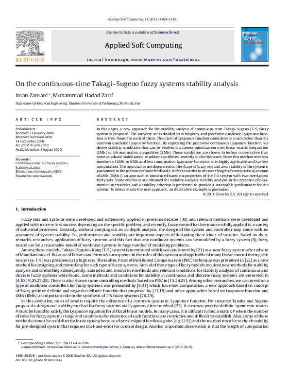 (PDF) On the continuous-time Takagi-Sugeno fuzzy systems stability analysis