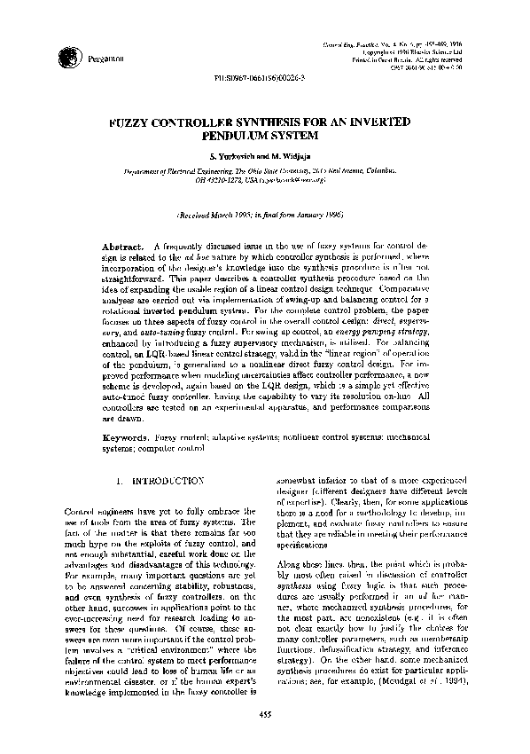 Pdf Fuzzy Controller Synthesis For An Inverted Pendulum System