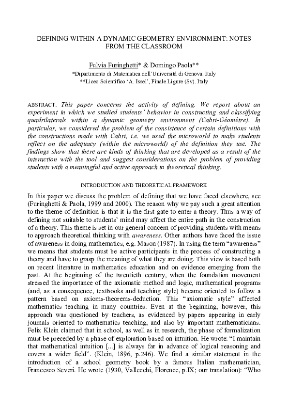 (PDF) DEFINING WITHIN A DYNAMIC GEOMETRY ENVIRONMENT: NOTES FROM THE ...