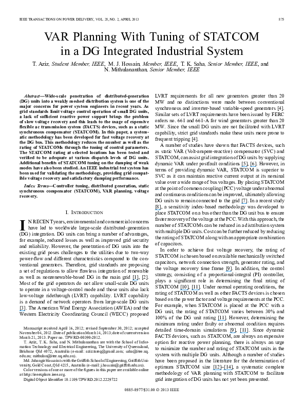 (PDF) VAR Planning With Tuning of STATCOM in a DG Integrated Industrial System