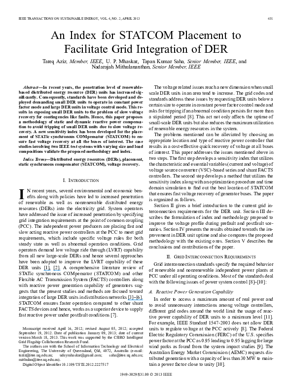 Pdf An Index For Statcom Placement To Facilitate Grid Integration Of Der 