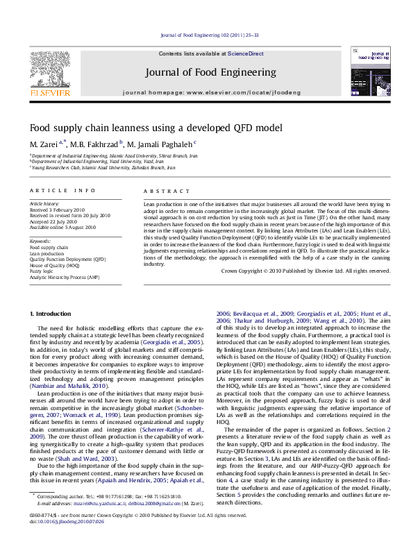 (PDF) Food supply chain leanness using a developed QFD model