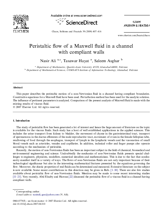 (PDF) Peristaltic flow of a Maxwell fluid in a channel with compliant walls