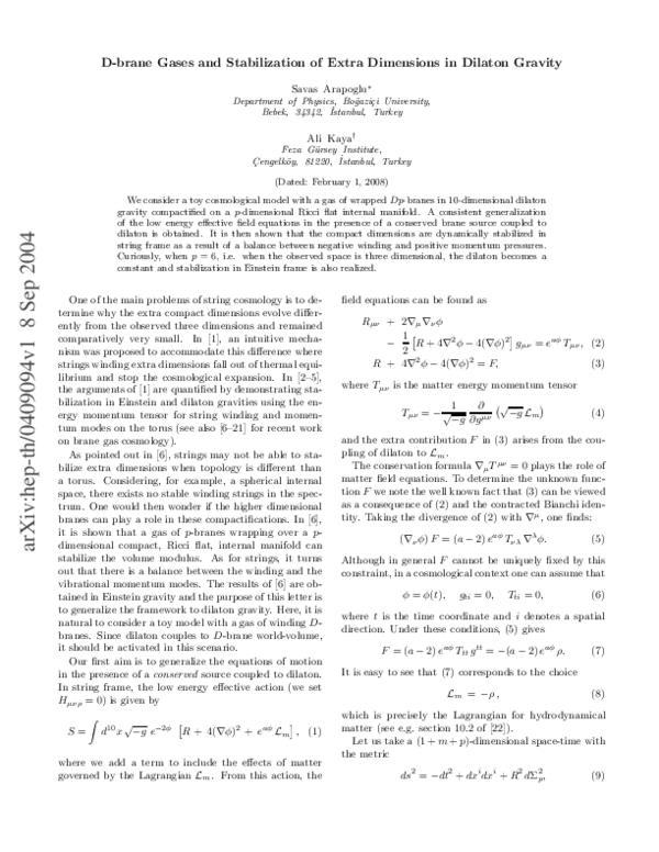 (PDF) D-brane gases and stabilization of extra dimensions in dilaton ...