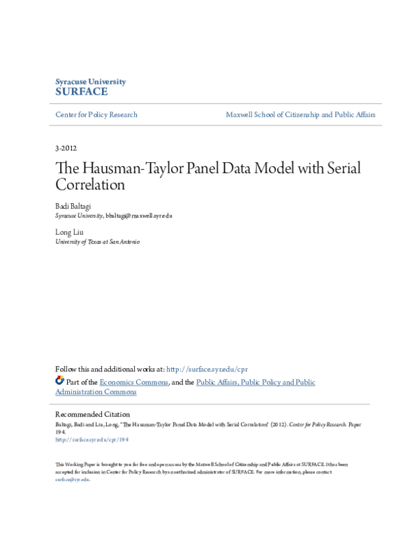 (PDF) The Hausman–Taylor panel data model with serial correlation