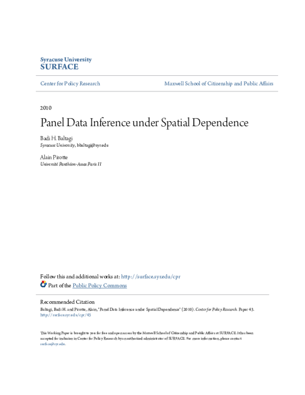 Pdf Panel Data Inference Under Spatial Dependence