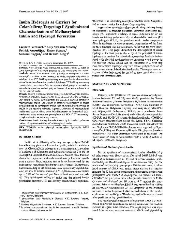 (PDF) Inulin Hydrogels as Carriers for Colonic Drug Targeting: I ...