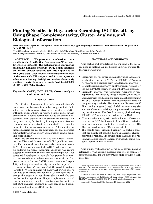 Pdf Finding Needles In Haystacks Reranking Dot Results By Using Shape Complementarity