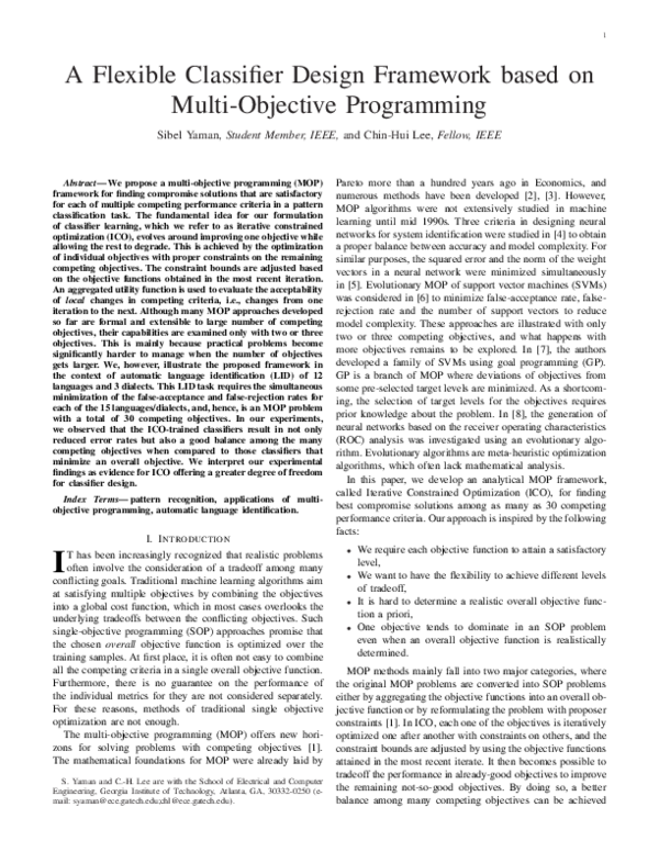 Pdf A Flexible Classifier Design Framework Based On Multiobjective Programming