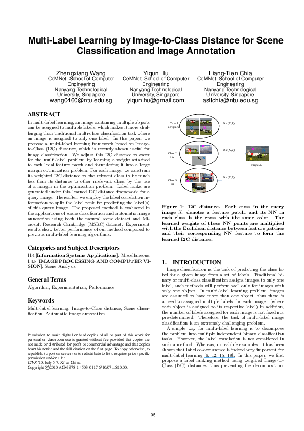 Pdf Multi Label Learning By Image To Class Distance For Scene Classification And Image Annotation