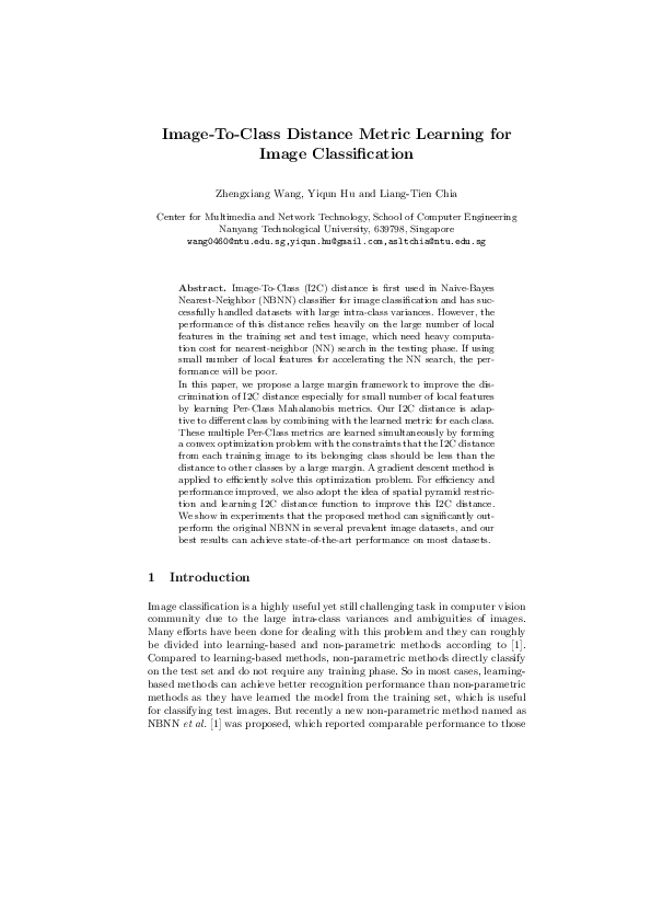 Pdf Image To Class Distance Metric Learning For Image Classification