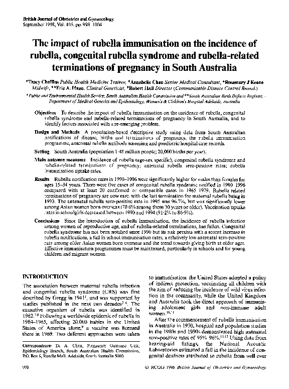 (PDF) Impact of Rubella Immunization in South Australia: Trends and Risks